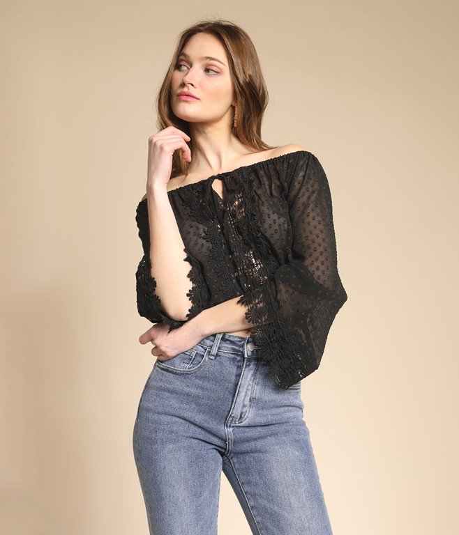 Top en plumetis et dentelle - 15,00€ - NOIR - EDJI